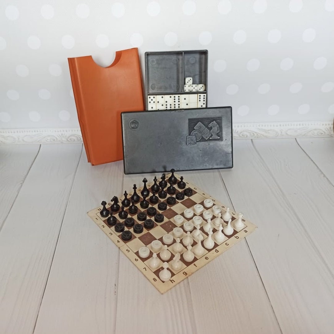 Vintage Pocket Magnetic Chess Checkers Domino Mini Travel Set USSR ...