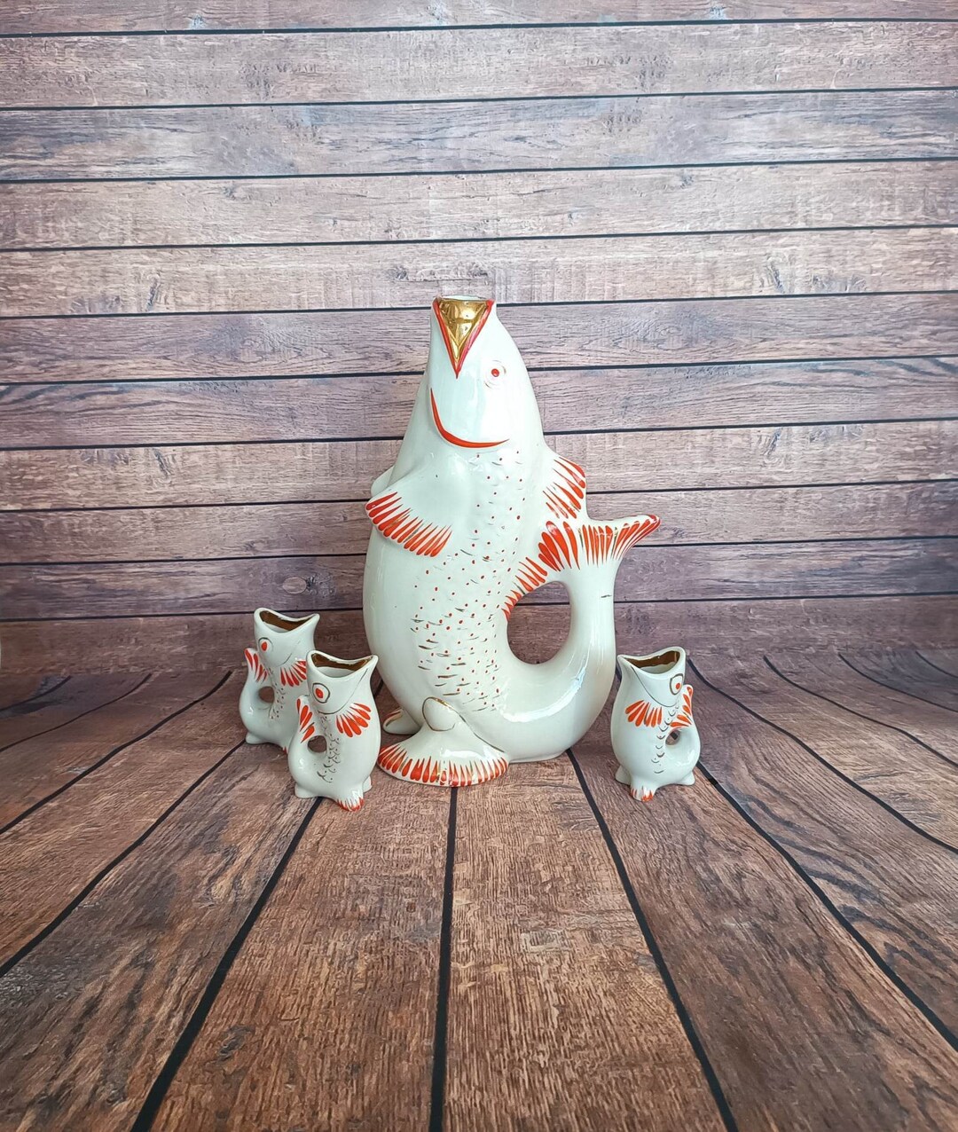 Vintage 70s Porcelain Drinking Set Fish for 3 Persons "carp Family" Koi ...