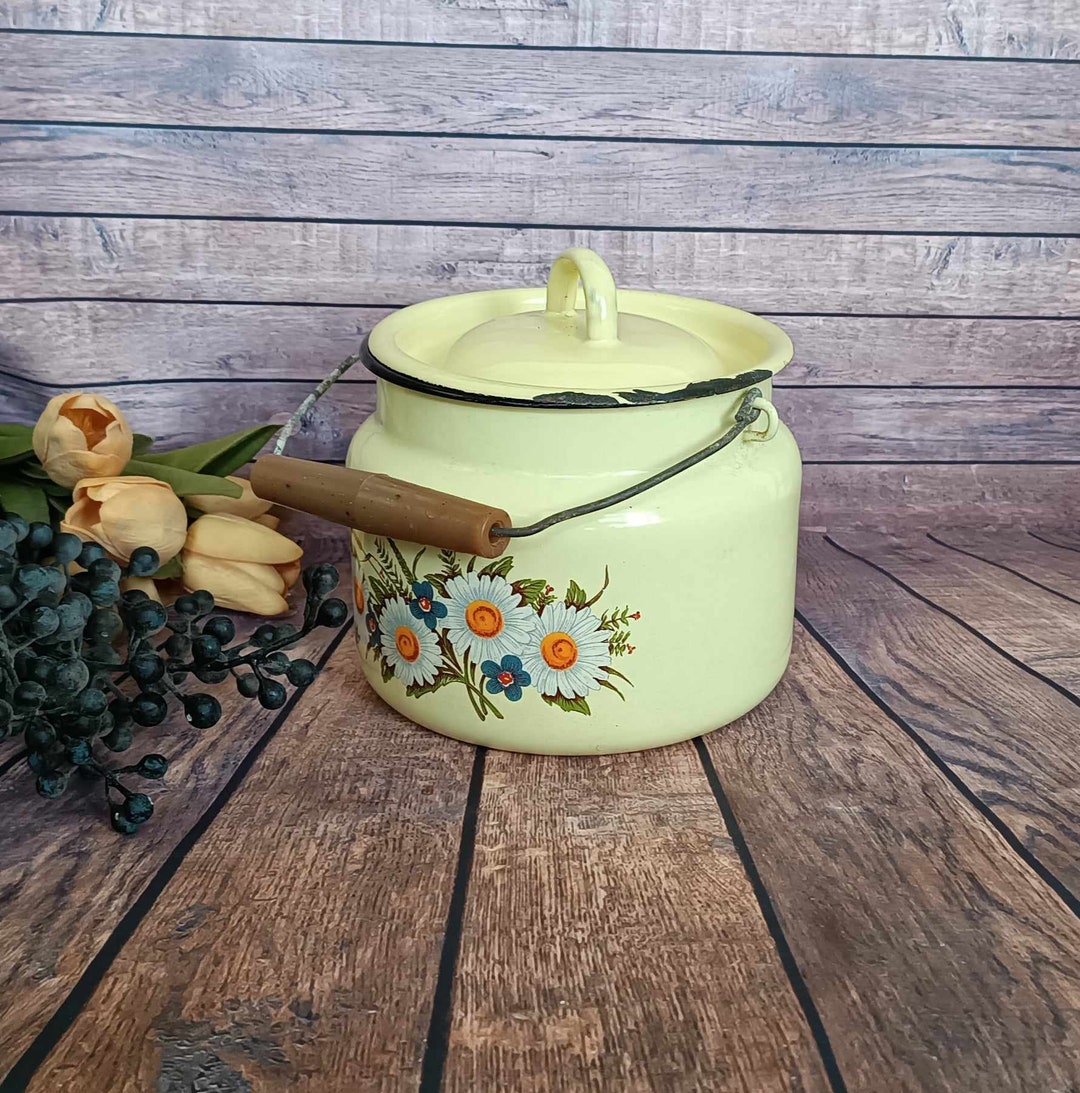 Vintage Enamel Jar 2 Liters Enamel Milk Canister Retro Metal Flower ...