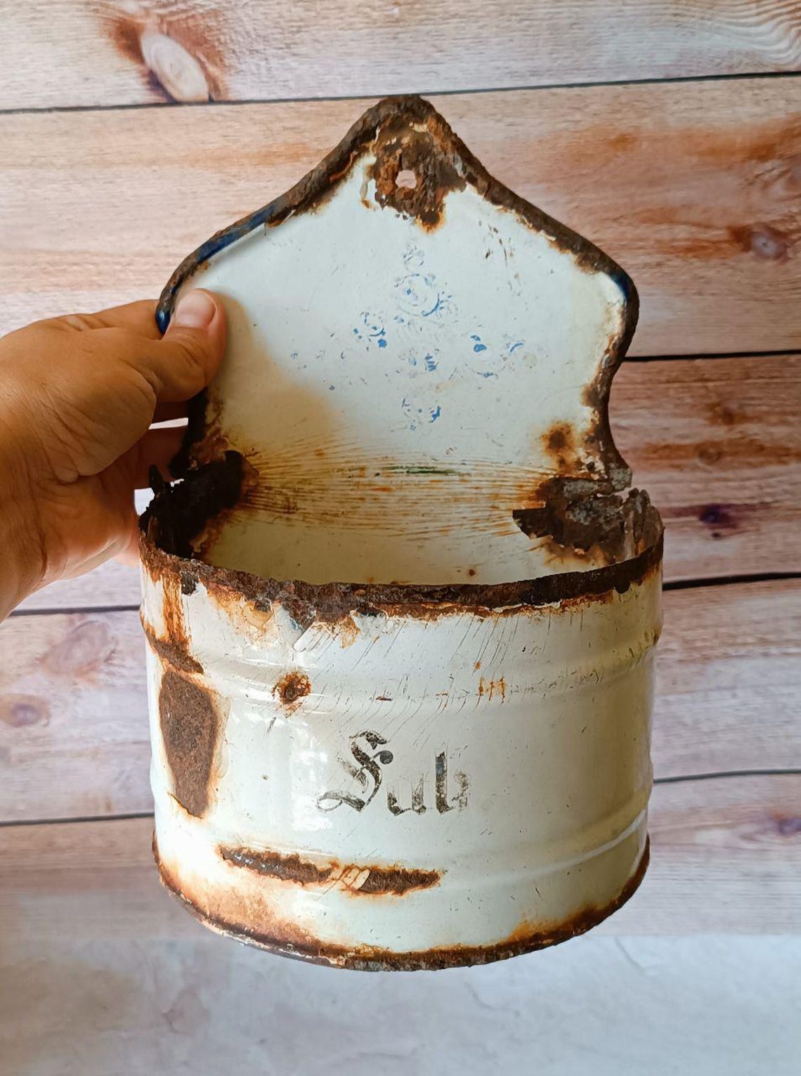 Antique Enamel Kitchen Container Wall Mounted Cereal Container Country ...