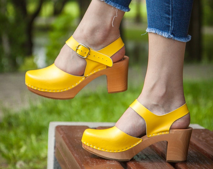 Swedish Yellow Leather Clogs Sandals, High Heel Women Strap Sandals ...