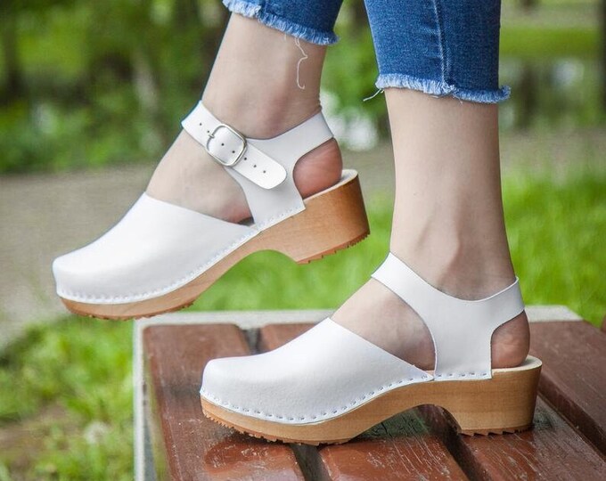 Swedish White Low Heel Clogs, Handmade Women Clogs Sandals, Wooden ...