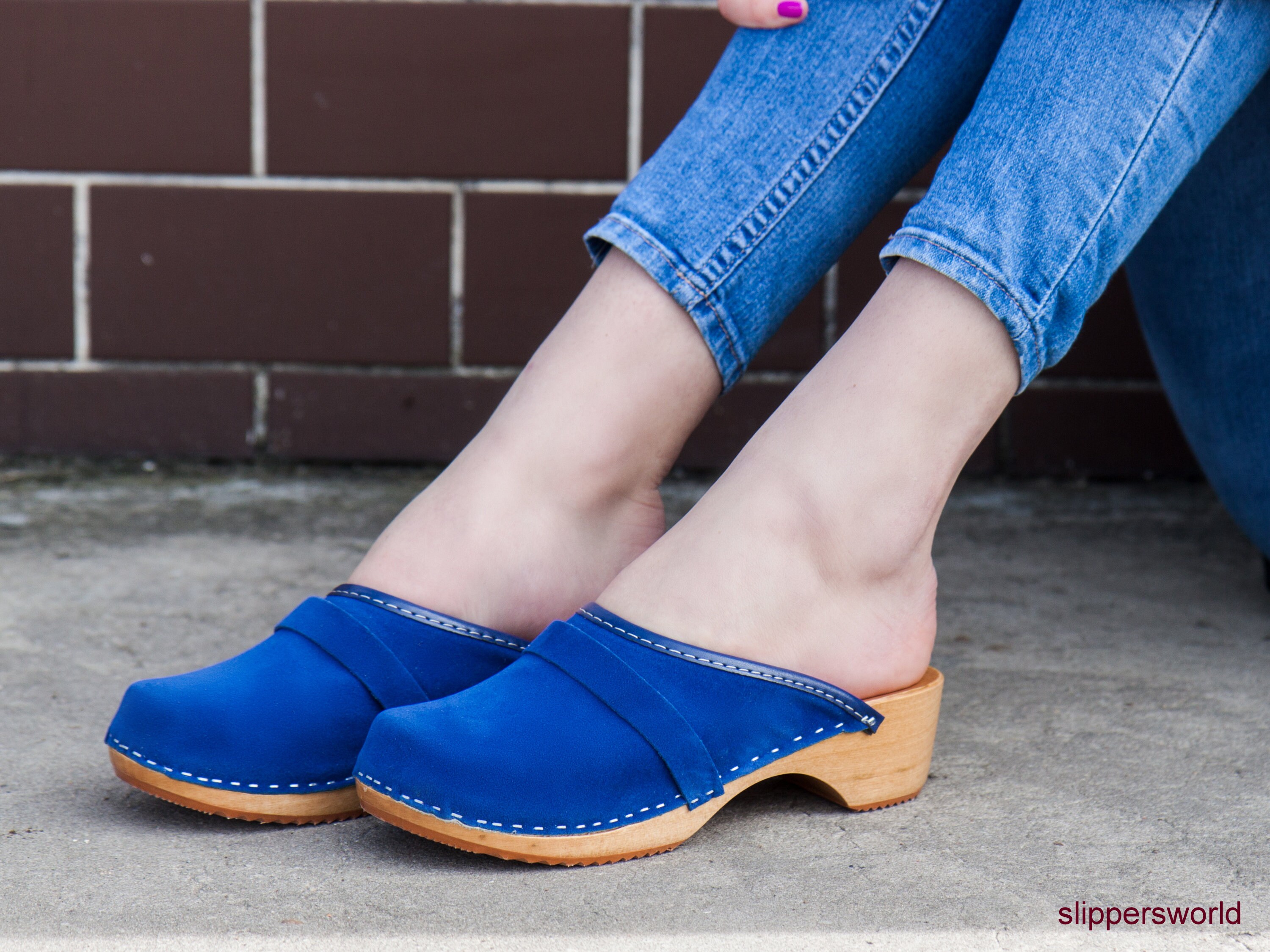 Swedish Blue Leather Women Clogs Handmade Wooden Moccasins - Etsy