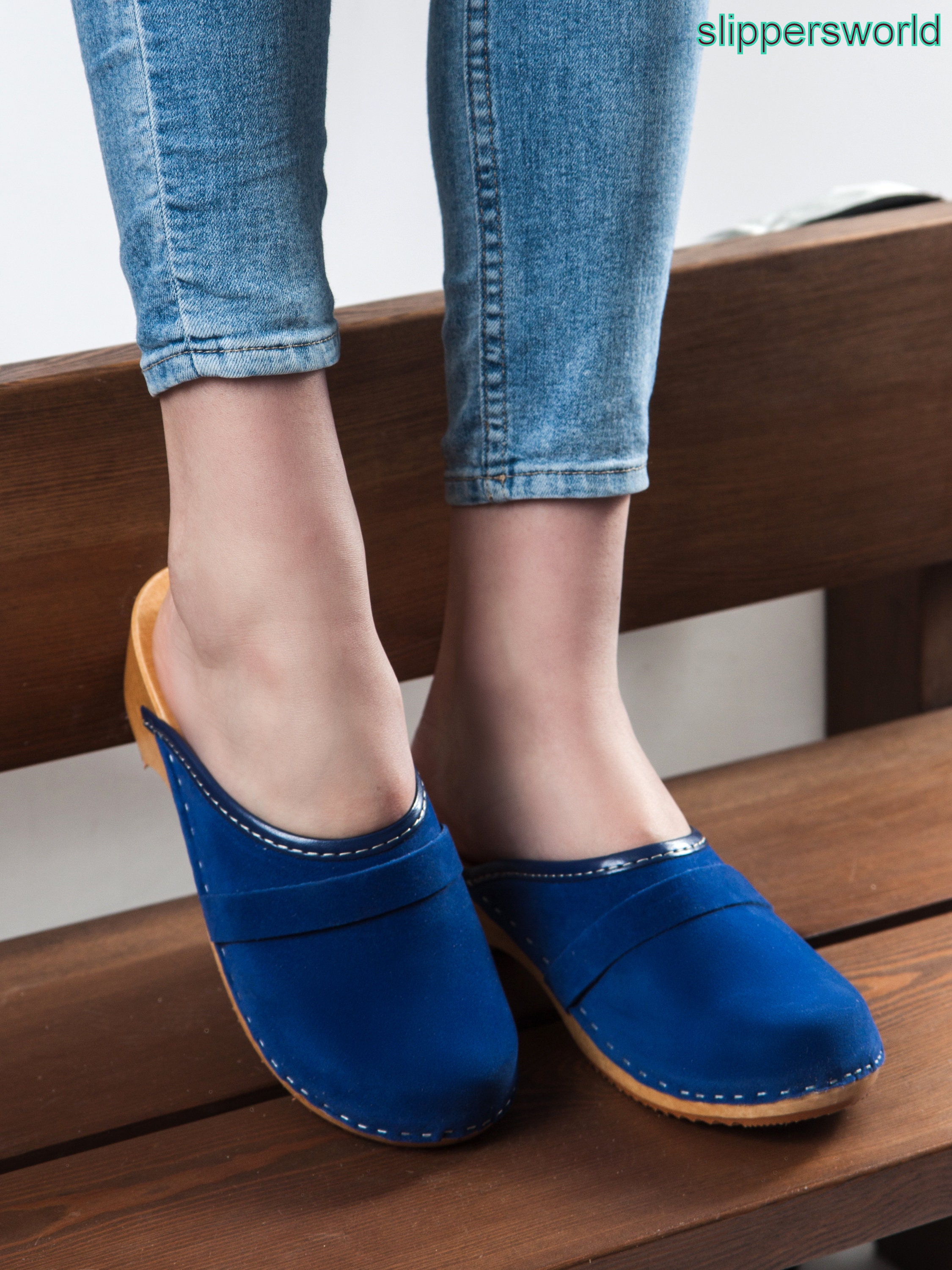 Swedish Blue Leather Women Clogs Handmade Wooden Moccasins - Etsy