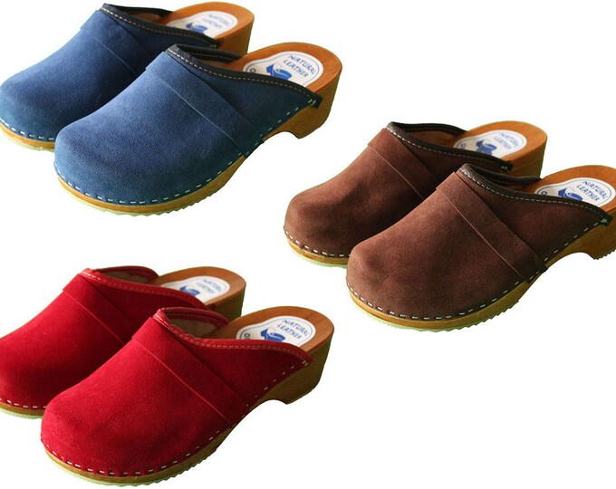 Swedish Low Heel Wooden Clogs, Handmade Leather Moccasins Clogs, Women ...