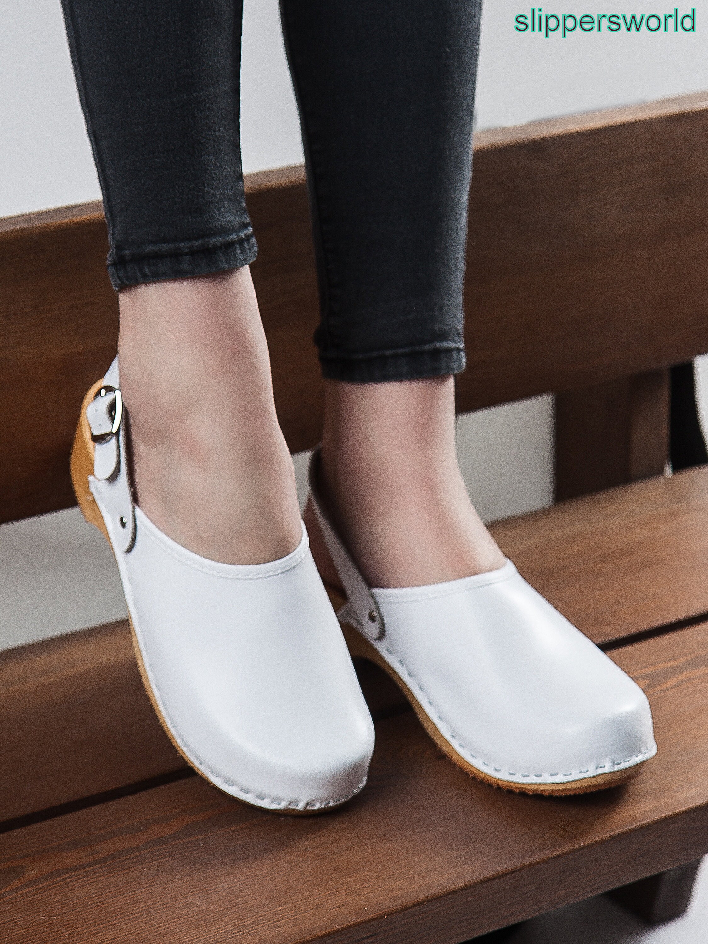 Swedish White Leather Clogs Low Heel Women Clogs Sandals - Etsy