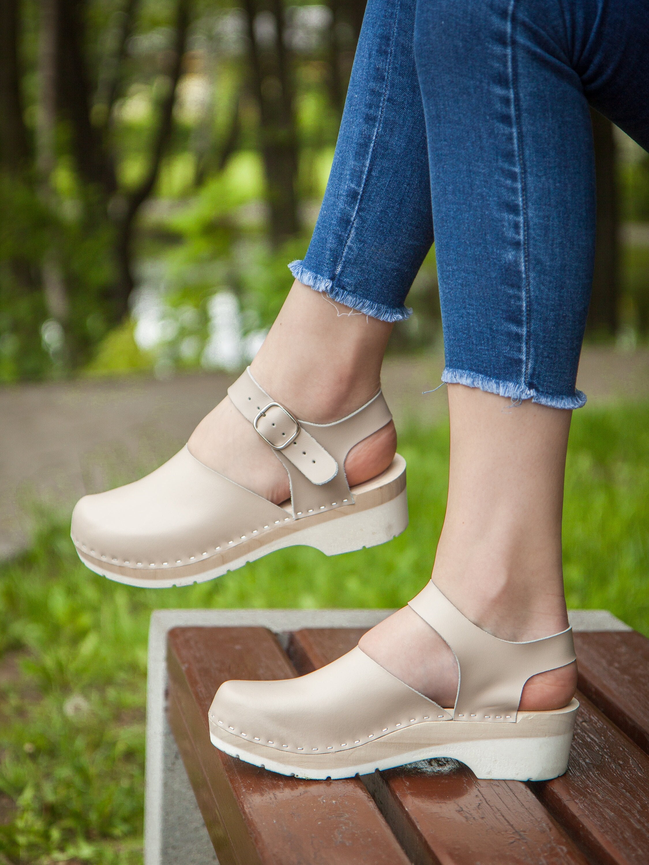 Swedish Beige Leather Clogs Mules Low Heel Wooden Women - Etsy
