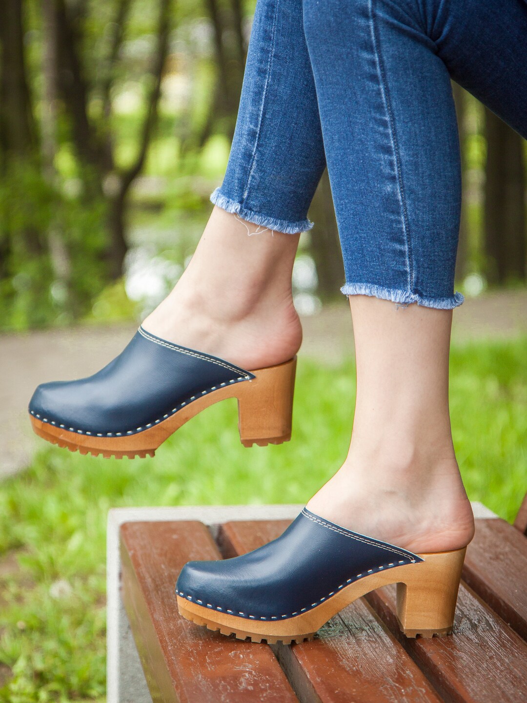 Swedish Blue Leather Classic Clogs, High Heel Open Clogs Sandals ...