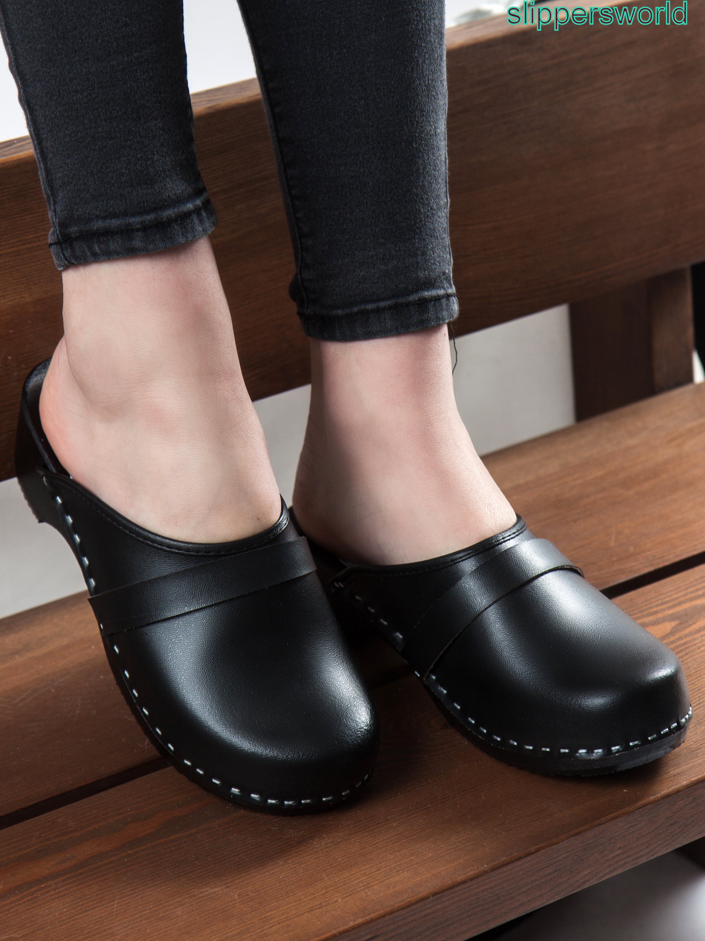 Swedish Clogs Classic Black Leather Women Low Heel Wooden - Etsy UK