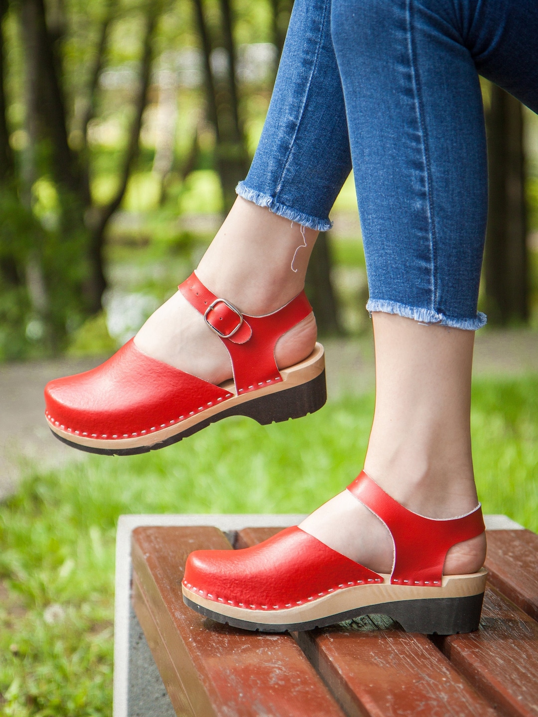 Swedish Red Leather Clogs Sandals, Clogs With Straps, Women Low Heel ...
