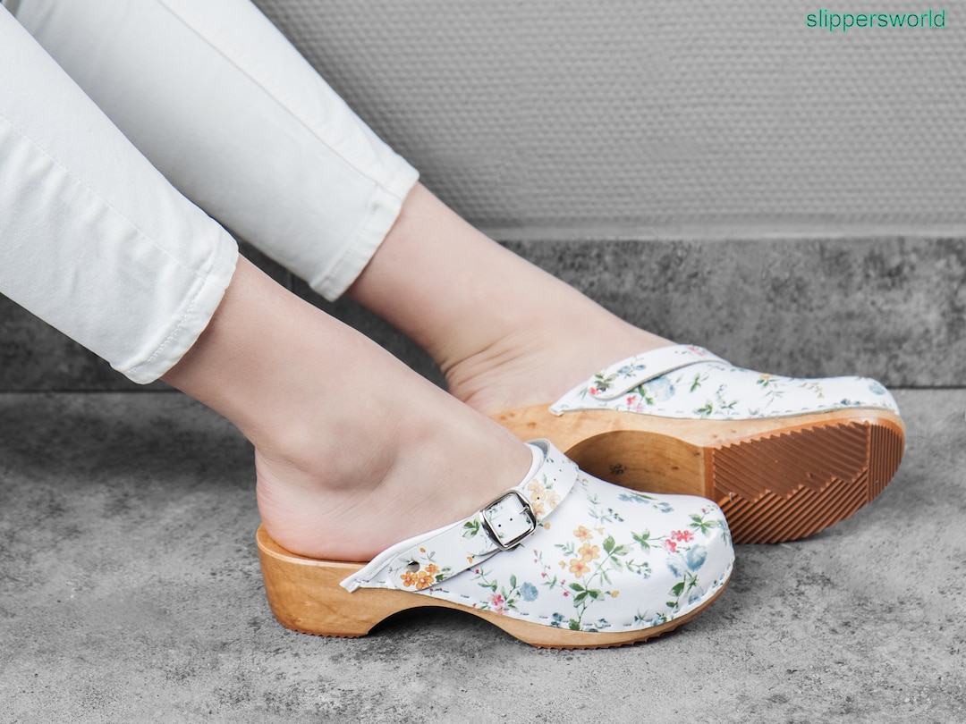 Swedish Floral Leather Clogs, Wooden Strap Clogs Sandals, Handmade ...
