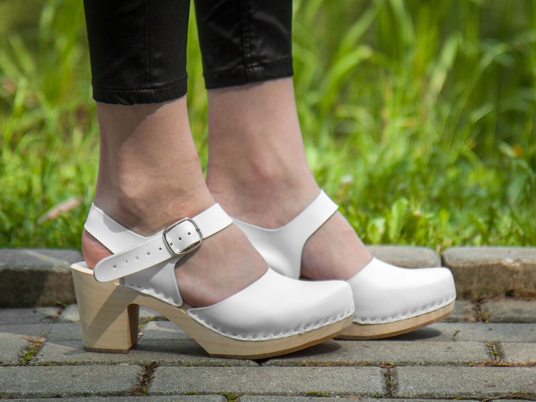 White Leather High Heel Clogs Handmade Wooden Women Clogs - Etsy
