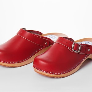 Swedish Red Leather Classic Clogs, Handmade Wooden Low Heel Clogs ...