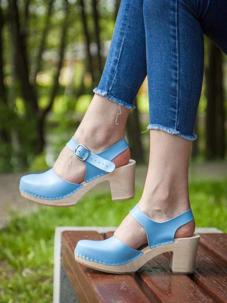 Swedish Blue Leather Clogs Sandals High Heel Women Clogs - Etsy