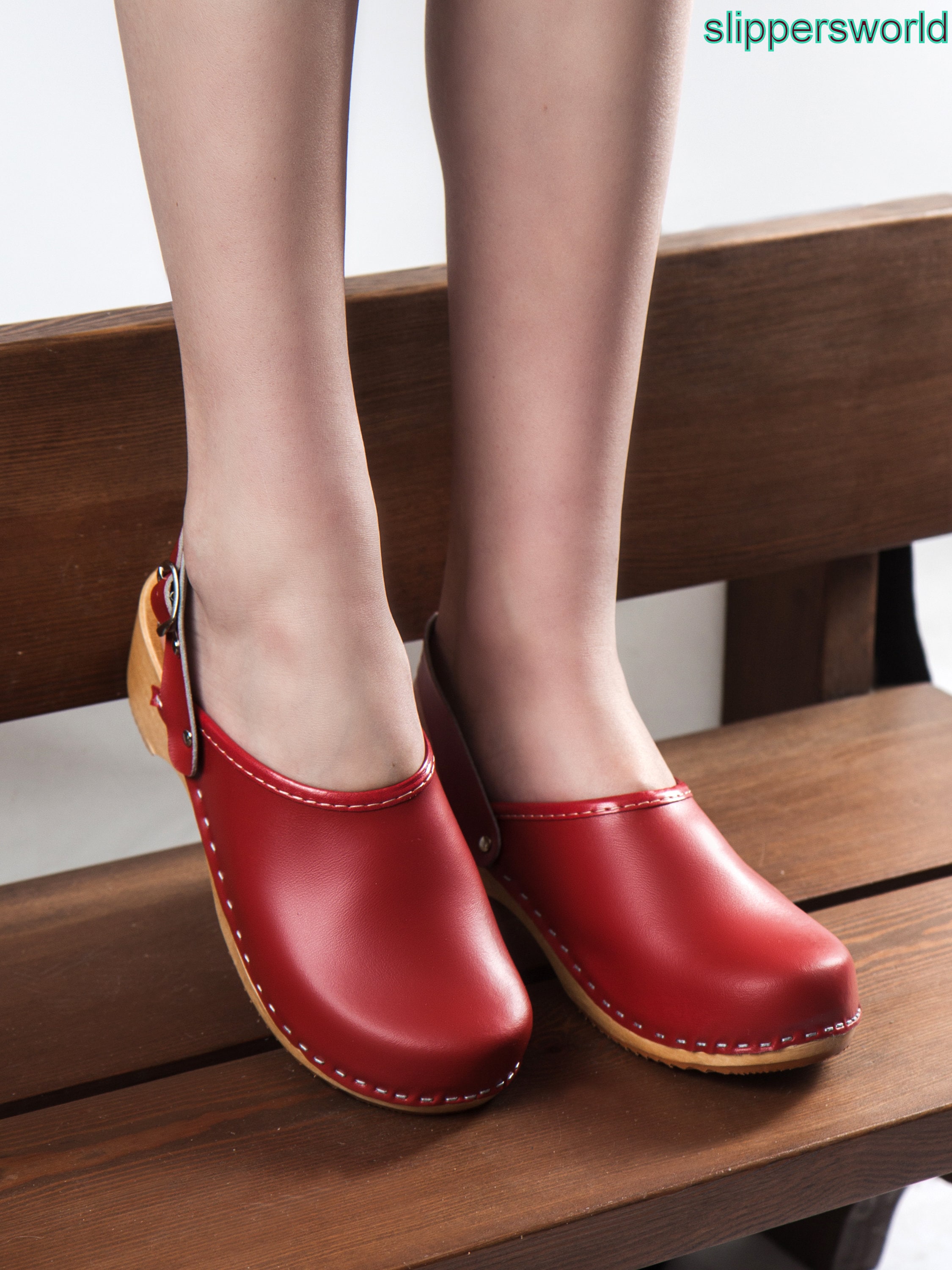 Swedish Red Leather Classic Clogs Handmade Wooden Low Heel - Etsy