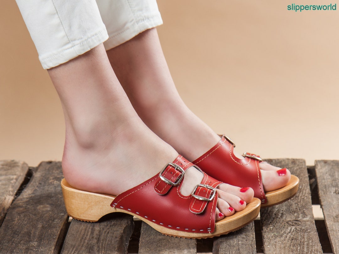 Swedish Red Leather Clogs, Open Toe Women Clogs, Handmade Wooden Clogs ...