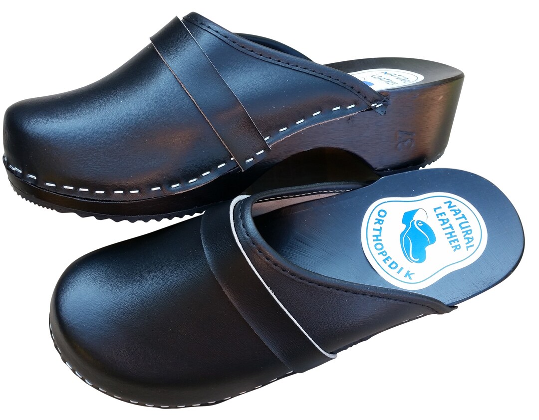 Swedish Clogs Classic Black Leather, Women Low Heel Wooden Clogs Shoes ...
