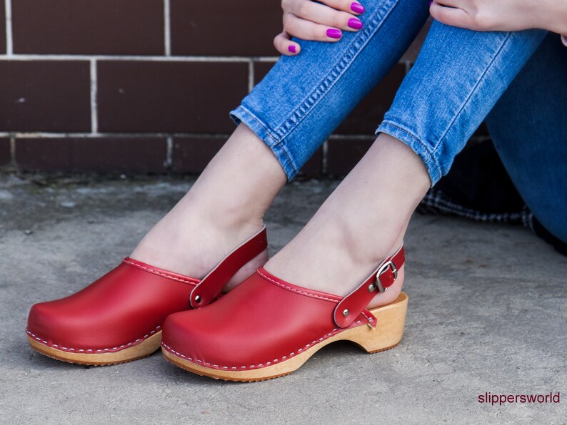 Swedish Red Leather Classic Clogs Handmade Wooden Low Heel - Etsy