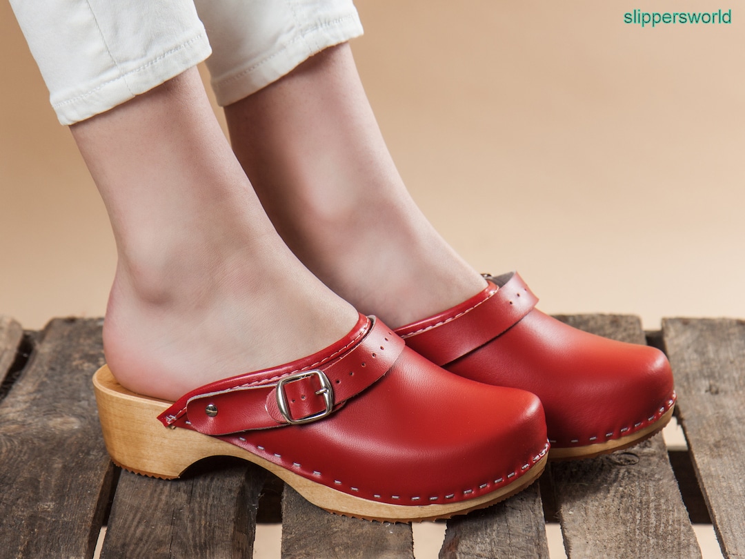 Swedish Red Leather Clogs, Women Moccasins Low Heel Clogs Shoes ...