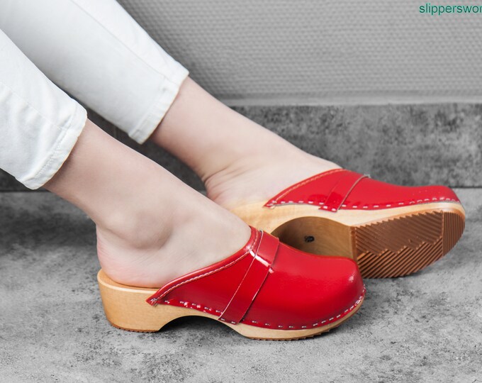 Swedish Red Leather Clogs, Low Heel Women Clogs Sandals, Handmade ...