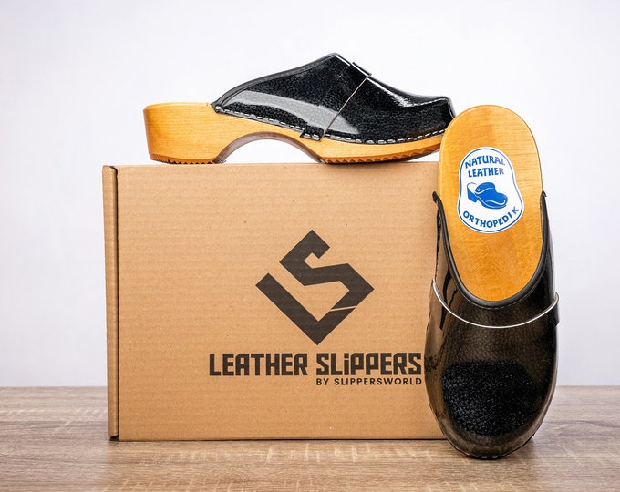 Swedish Wooden Handmade Clogs for Women, Black Leather Sandals, Low ...