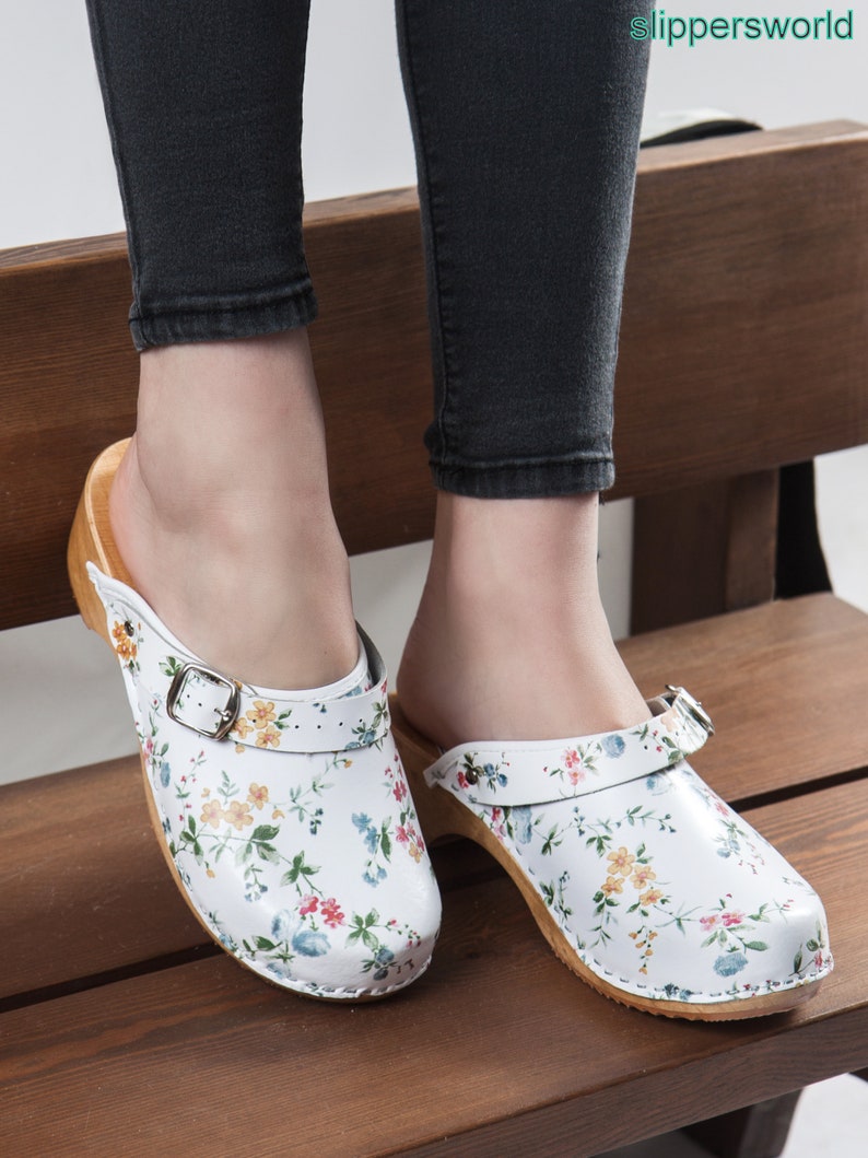 Floral pattern leather clogs for women Women wooden clogs | Etsy