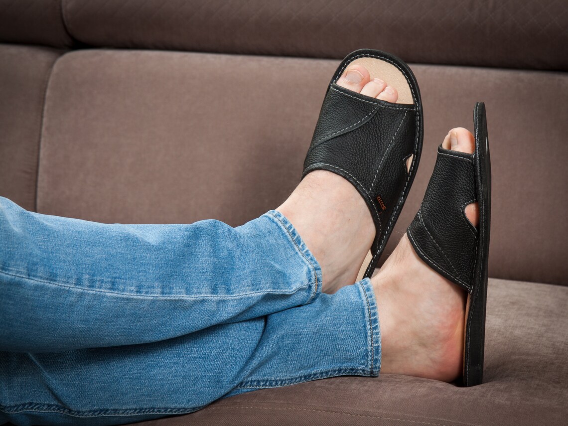 Black Leather Slippers for Men Handmade Open Toe Flip Flop - Etsy