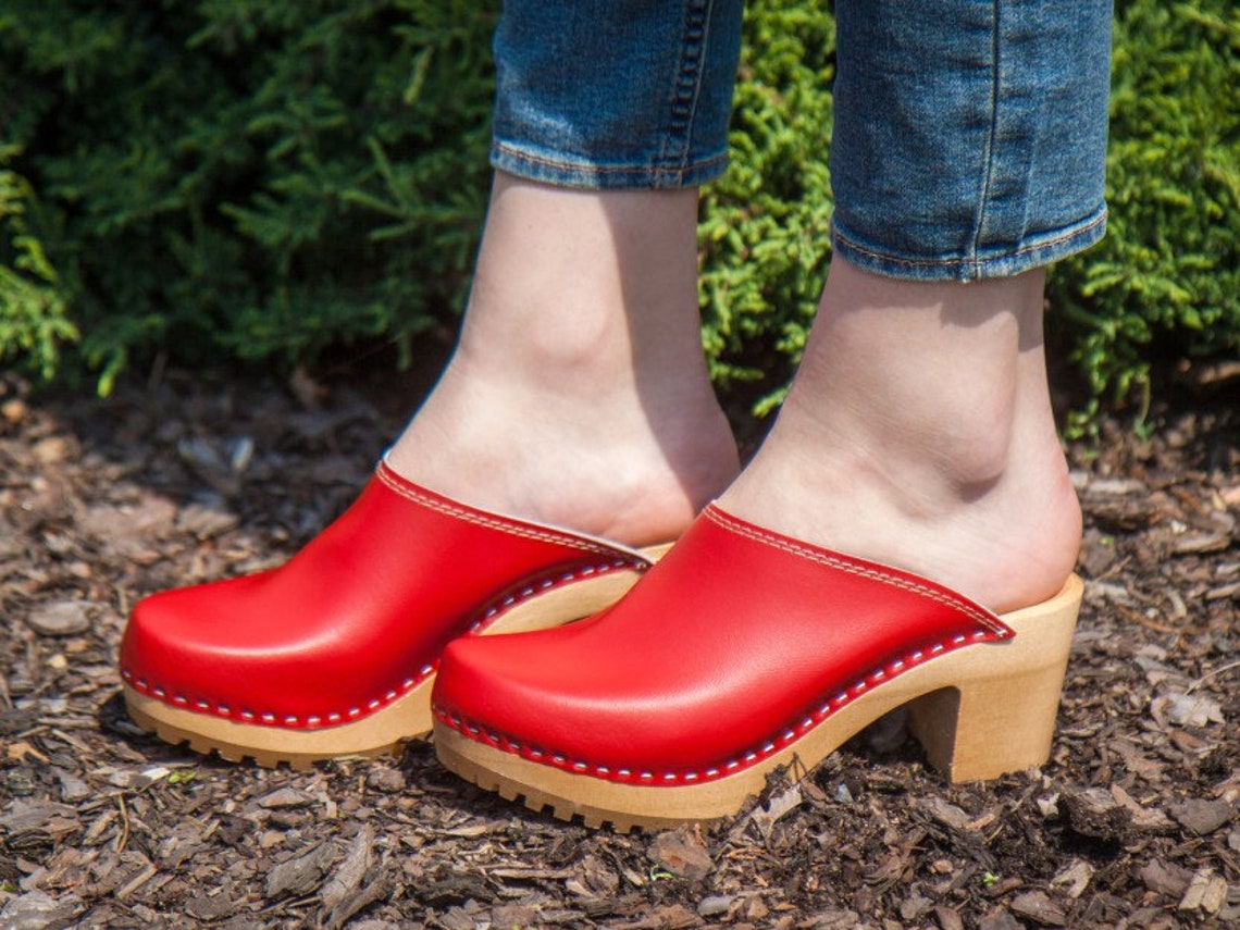Swedish Classic Red Leather Clogs Women Moccasins Clogs - Etsy