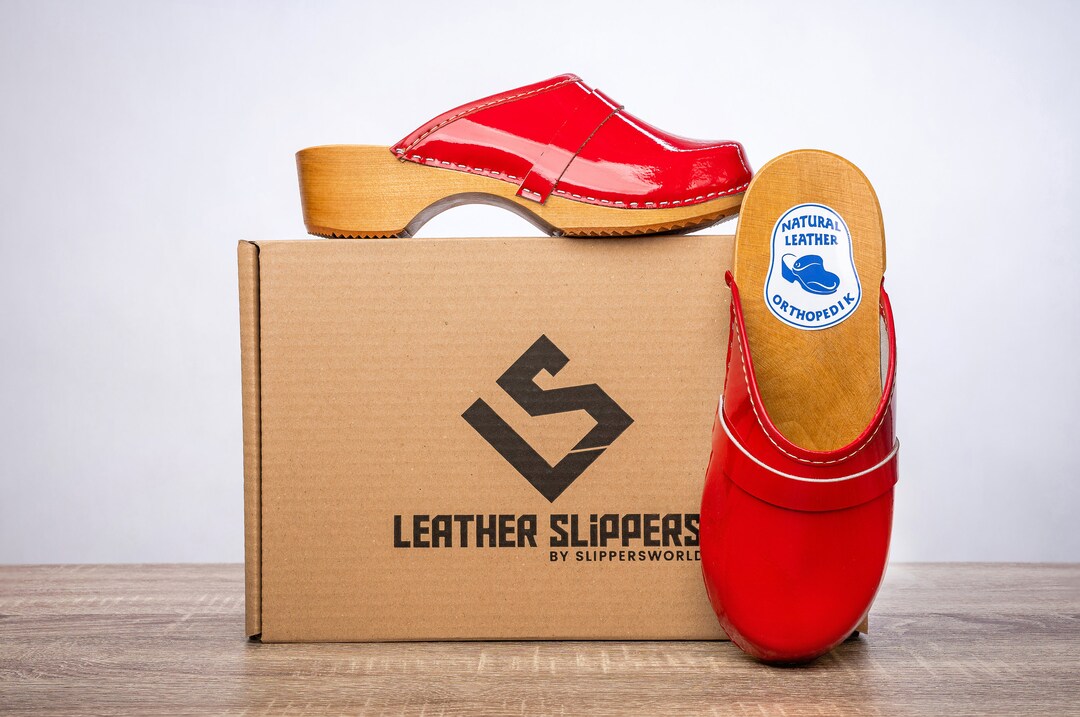 Swedish Red Leather Classic Clogs, Handmade Wooden Women Clogs, Open ...