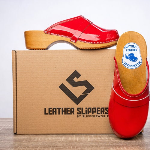 Swedish Red Leather Classic Clogs Handmade Wooden Low Heel - Etsy