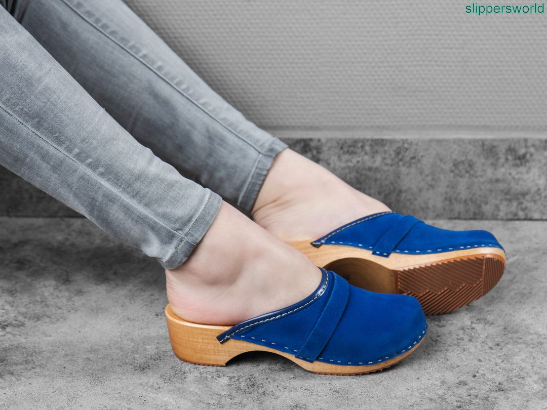 Swedish Blue Leather Women Clogs, Handmade Wooden Moccasins Clogs, Low ...