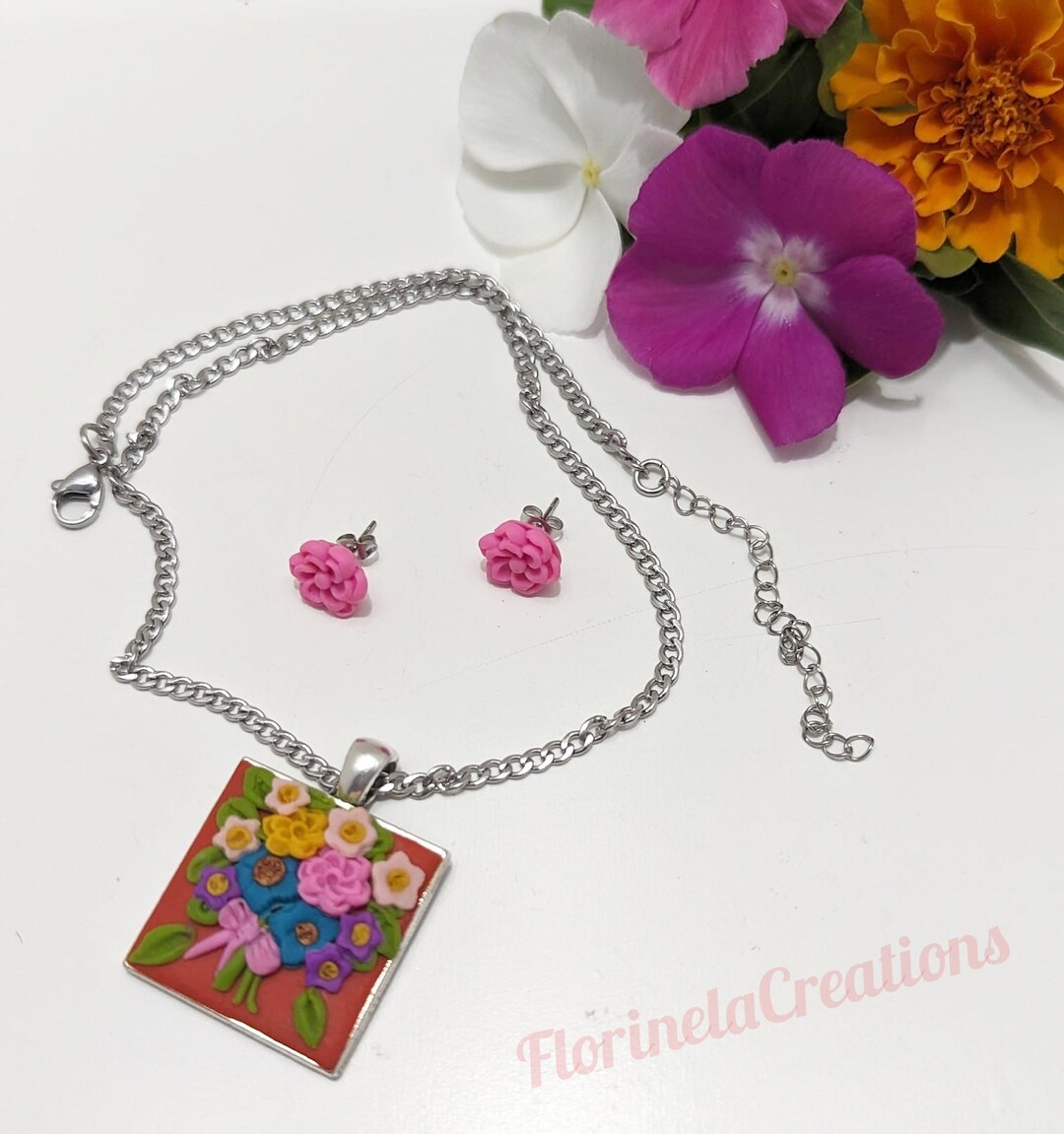 Women's Flower Jewelry Set Floral Bouquet Necklace Pendant Silver Chain ...