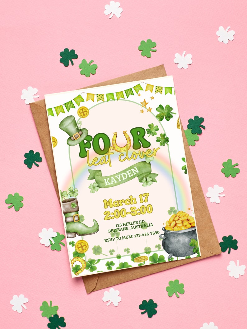 Four Leaf Clover Invitation - DIGITAL FILE - Birthday Invitation, St ...