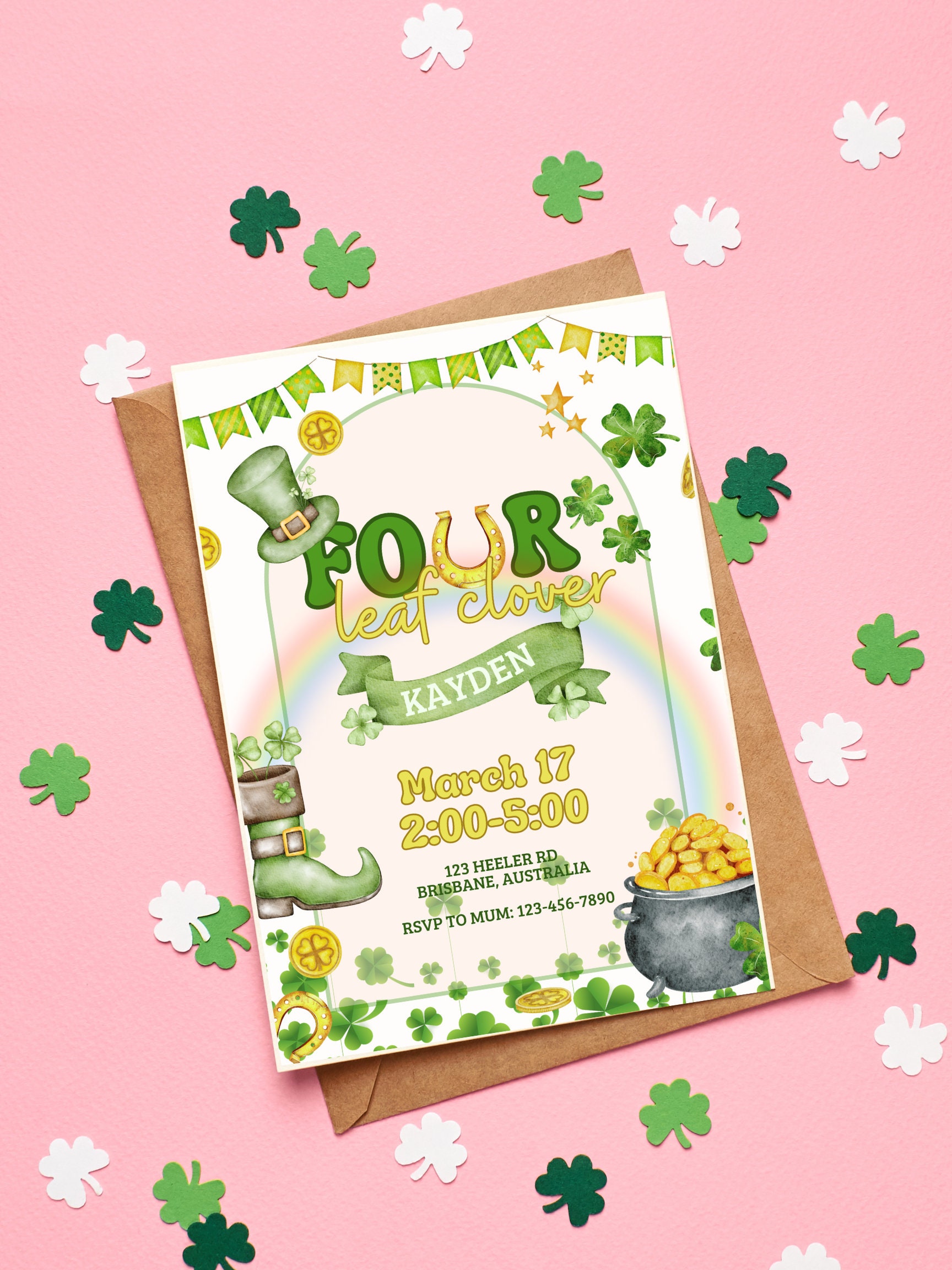 Four Leaf Clover Invitation - DIGITAL FILE - Birthday Invitation, St ...
