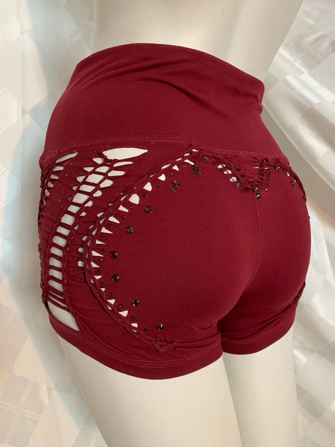 Sparkle Sexy High Waisted Braided Booty Shorts Slit Weave Yoga Shorts Festival Shorts - Burgundy ...