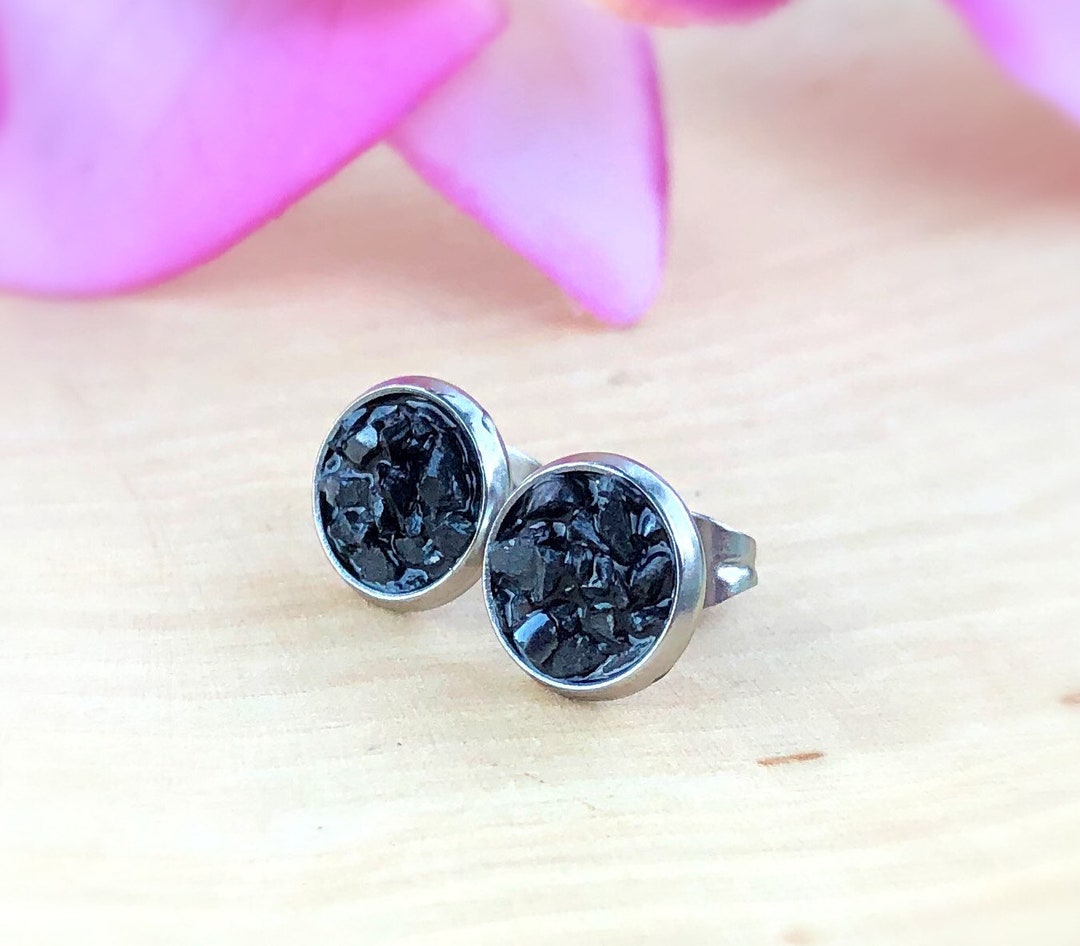 Raw Hematite Silver Stud Earrings, Round Crushed Gemstone Studs ...