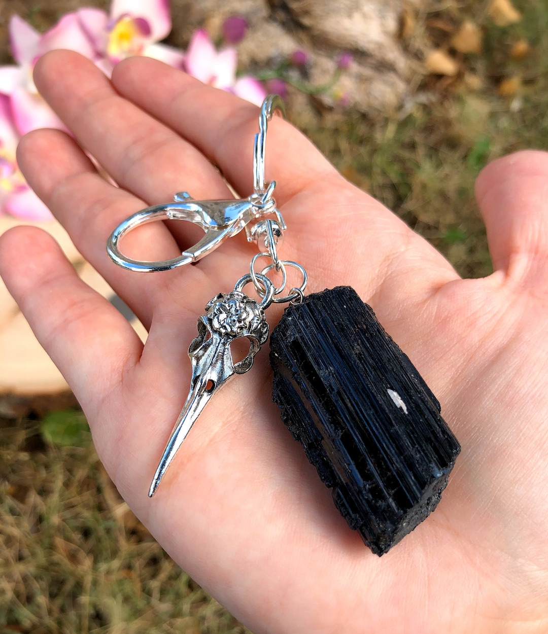Black Tourmaline Raw Crystal Keychain, Raven Keychain, Bird Skull, Crow ...