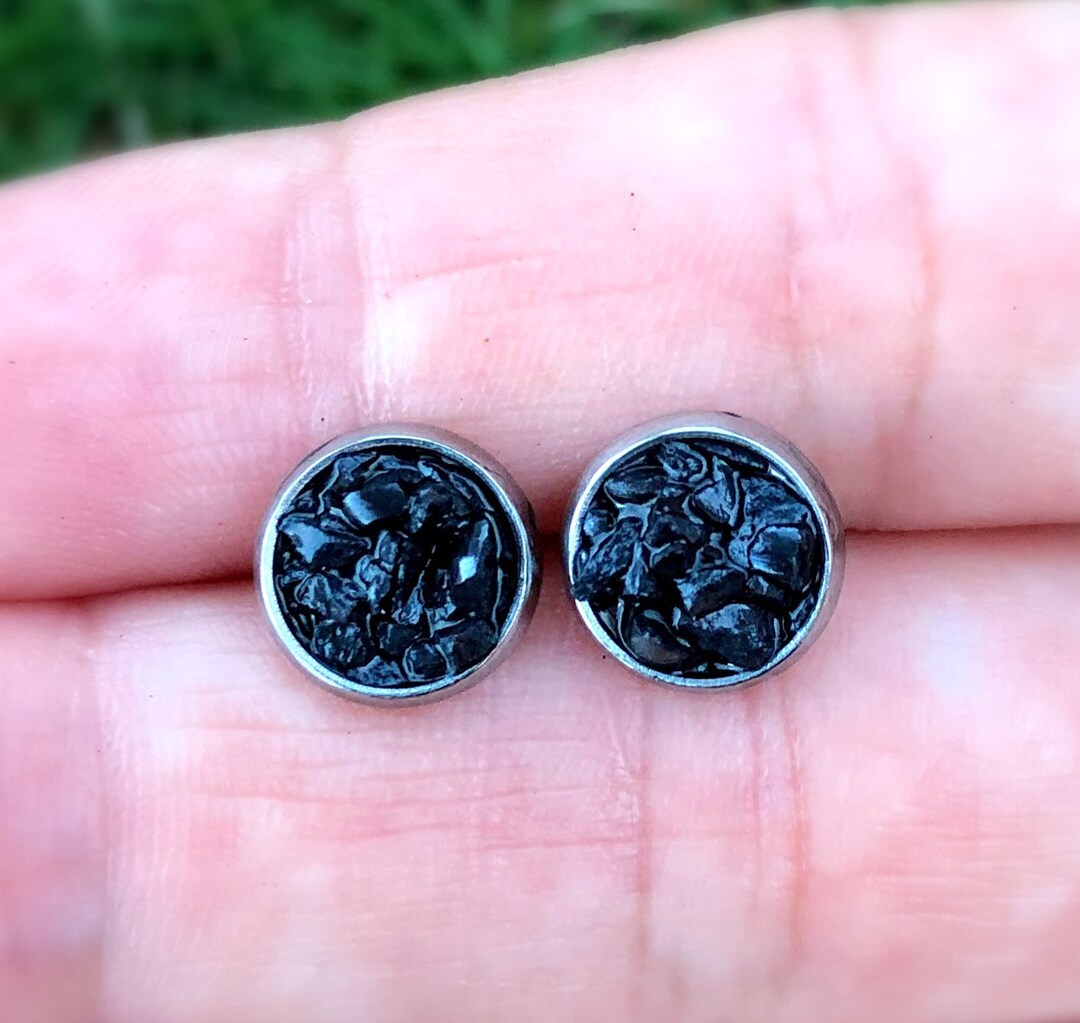 Raw Hematite Silver Stud Earrings, Round Crushed Gemstone Studs ...