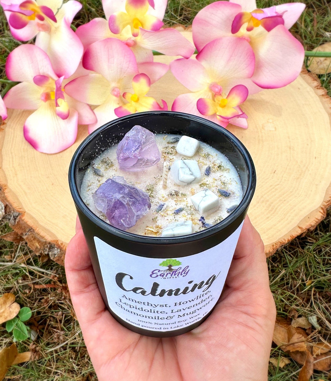 Calming Intention Candle Infused With Crystals & Flowers, Homemade ...