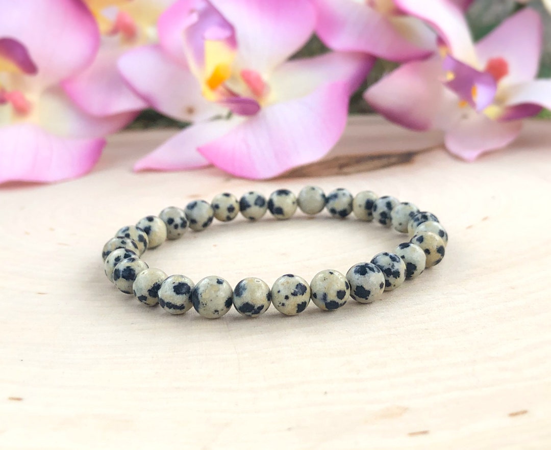 Dalmatian Jasper Beaded Bracelet, Jasper Stone Mala Bracelet, Stretch, Positivity, Good Luck ...