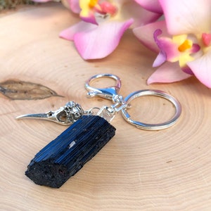 Black Tourmaline Raw Crystal Keychain, Raven Keychain, Bird Skull, Crow ...