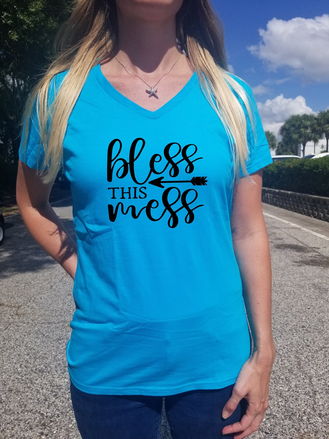 Bless This Mess Women's V-neck T-shirt Blessed Girls Boys Mom Parent ...