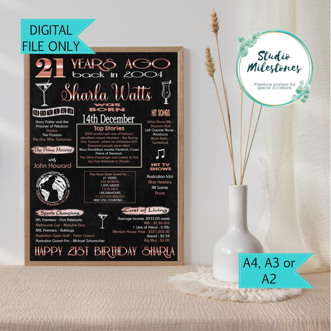 21st Birthday Gift /2004 Poster Sign/born in 2004/ Flashback 21 Years ...