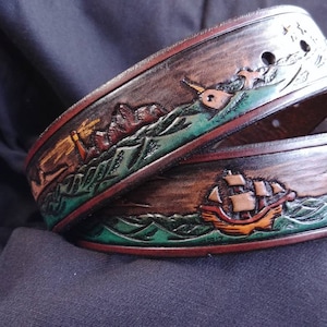 Tooled Leather Belt "sea and Sky". Handmade Leather Belt With Waves and ...