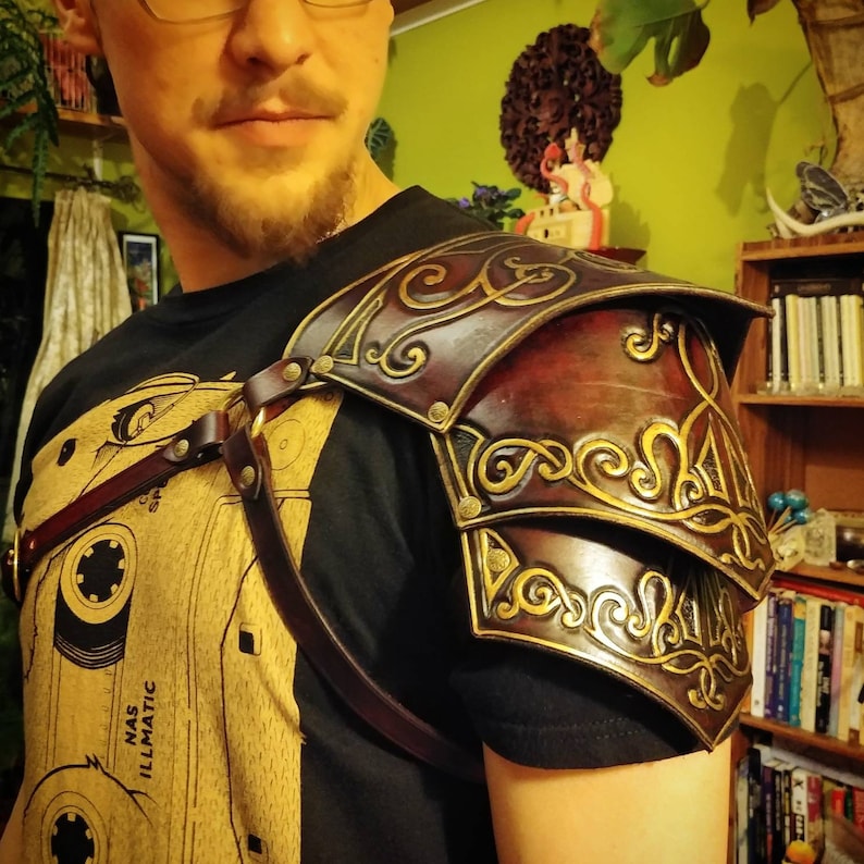 Leather pauldron with ornate scrollwork in red and gold fit | Etsy