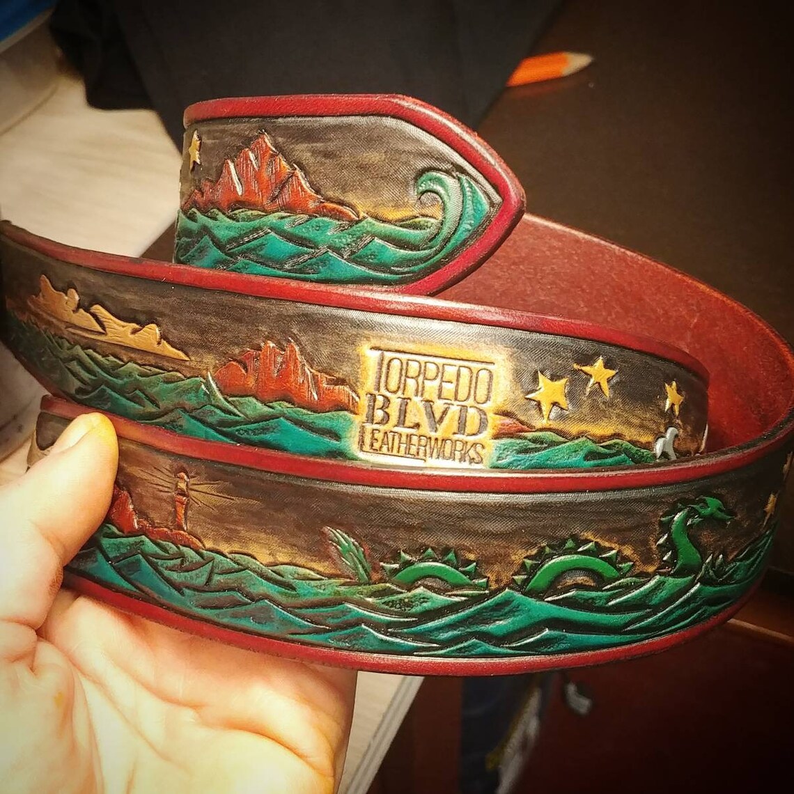 Tooled Leather Belt "sea and Sky". Handmade Leather Belt With Waves and ...