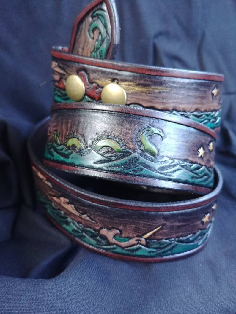 Tooled Leather Belt "sea and Sky". Handmade Leather Belt With Waves and ...