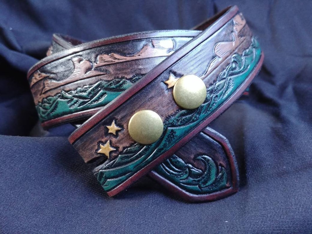 Tooled Leather Belt "sea and Sky". Handmade Leather Belt With Waves and ...