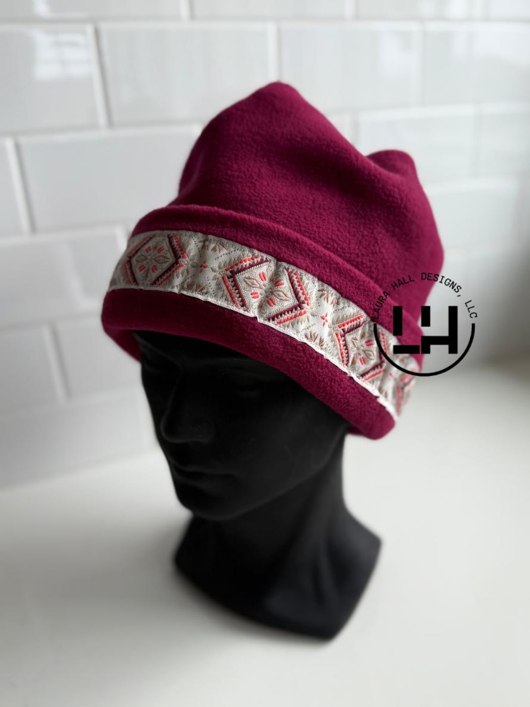 Handmade Fleece Hat With Vintage Trim, Fleece Beanie, Retro Fleece ...