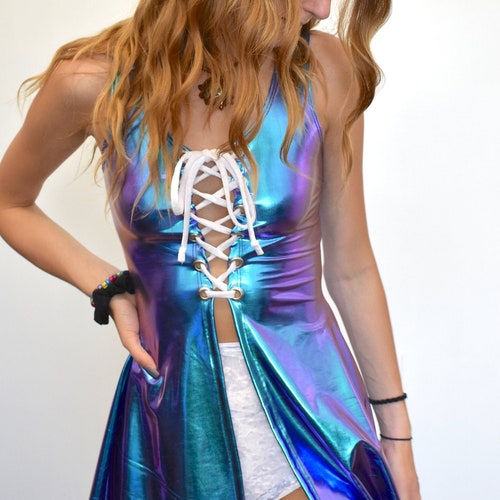 Lace-up Open-front Dress oil Slick Holographic Rave | Etsy